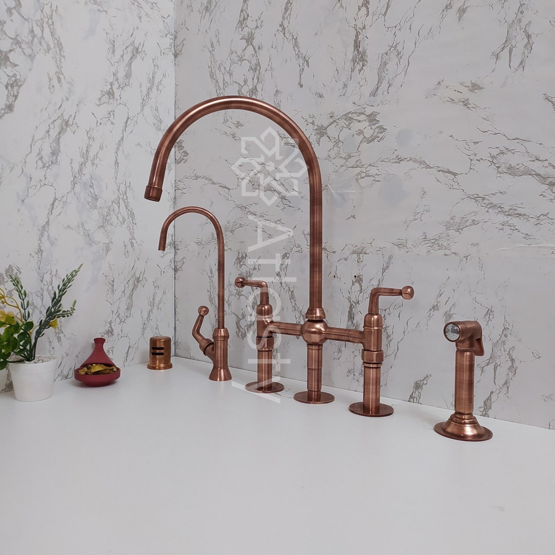 Antique Copper Kitchen Bridge Faucet With Sprayer and Cold Water Faucet ...