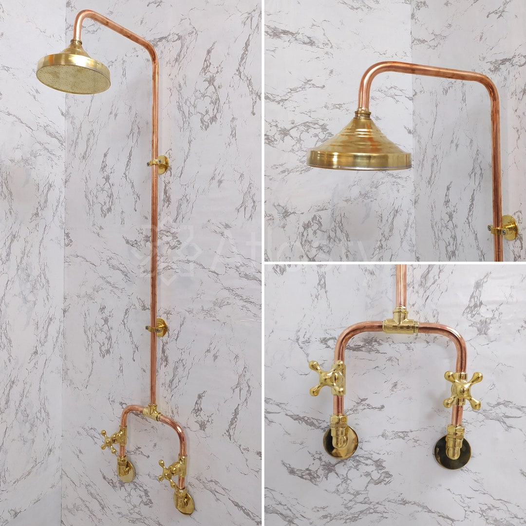 Unlacquered Brass & Copper Shower System With Rain Shower, Solid ...