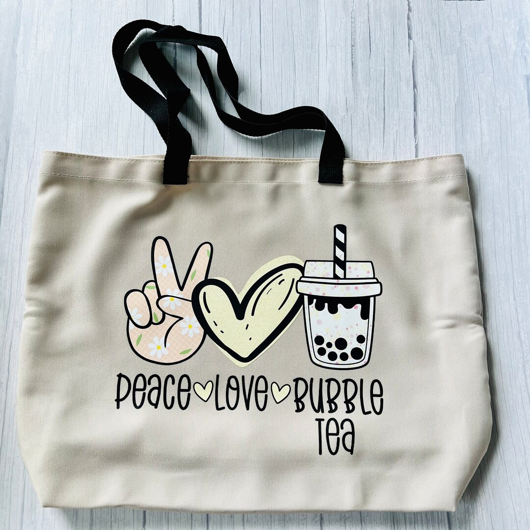 Peace Love Bubble Tea Tote Bag, Large Canvas Reusable Bag, Cute Gift ...