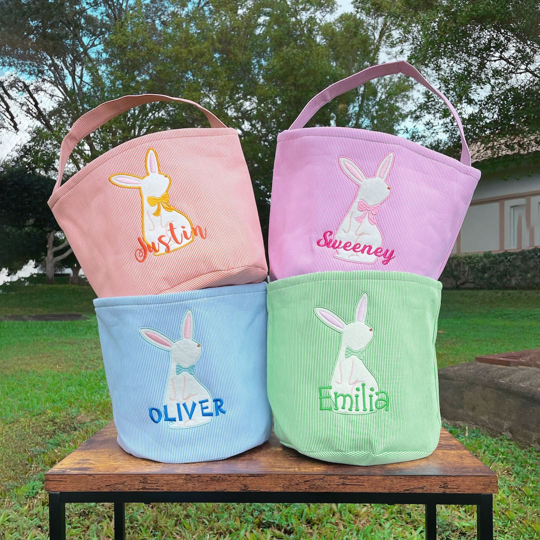 Custom Bow Bunny Egg Hunt Basket, Easter Basket for Kids, Personalized ...