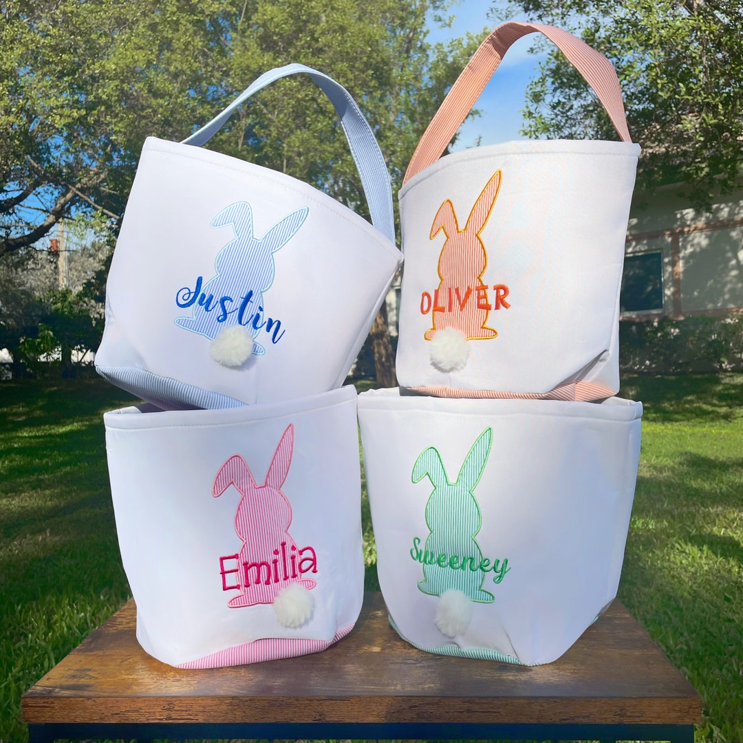 Personalized Easter Basket: Bunny Tail Egg Hunt Bucket, Linen Cotton ...