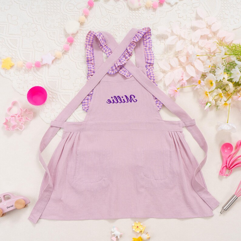 Personalized Kids Apron, Little Girls Gingham Pocket Pinafore, Toddler ...