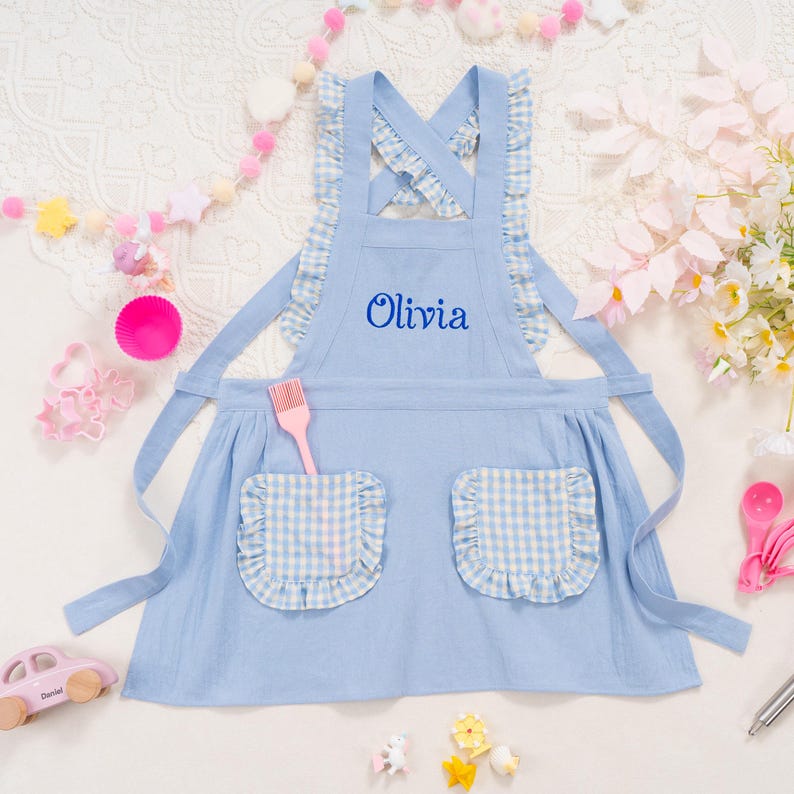 Personalized Kids Apron, Little Girls Gingham Pocket Pinafore, Toddler ...