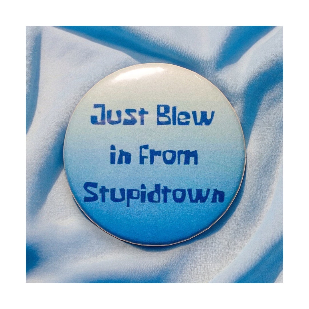 Just Blew in From Stupidtown Buttons Funny Pins, Funny Buttons, Meme ...
