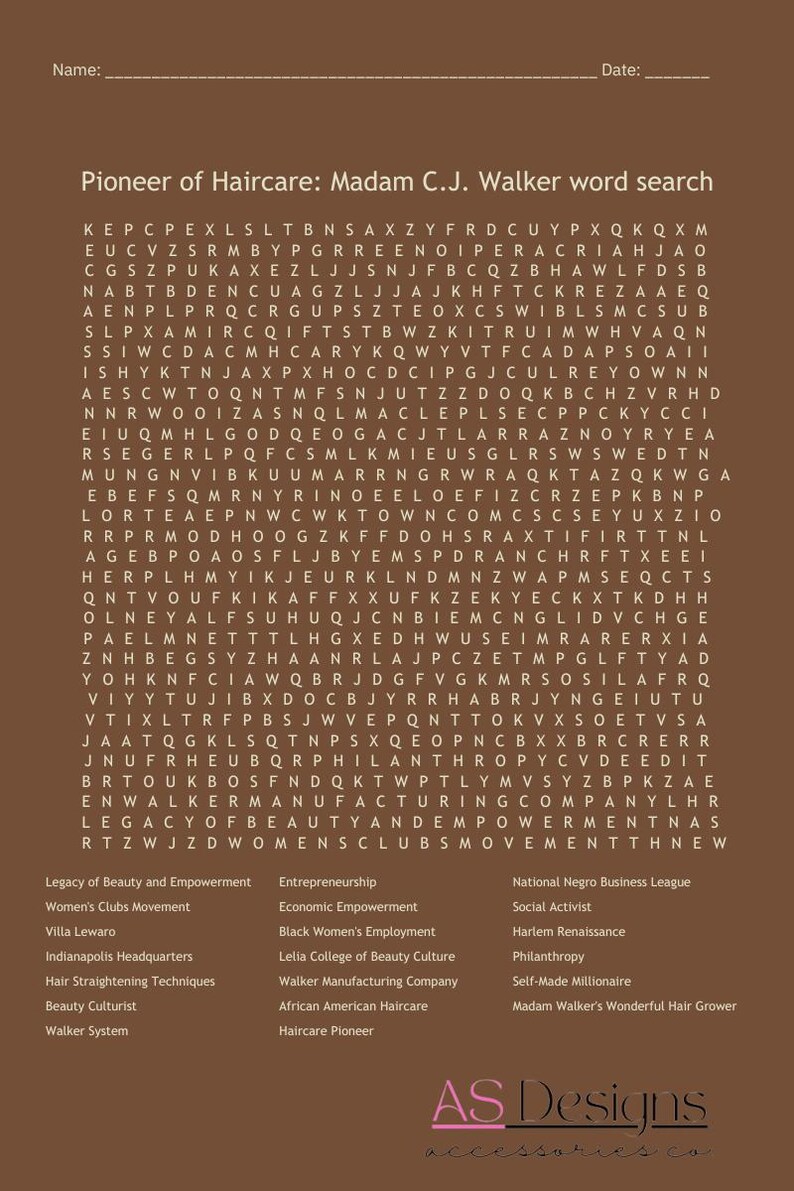 Pioneer of Haircare: Madam C.J. Walker Word Search Puzzle - Etsy