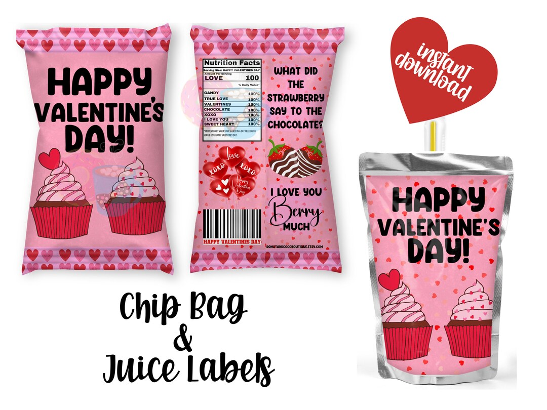 Happy Valentine's Day Chip Bag Wrapper| Valentines Day Juice Labels ...