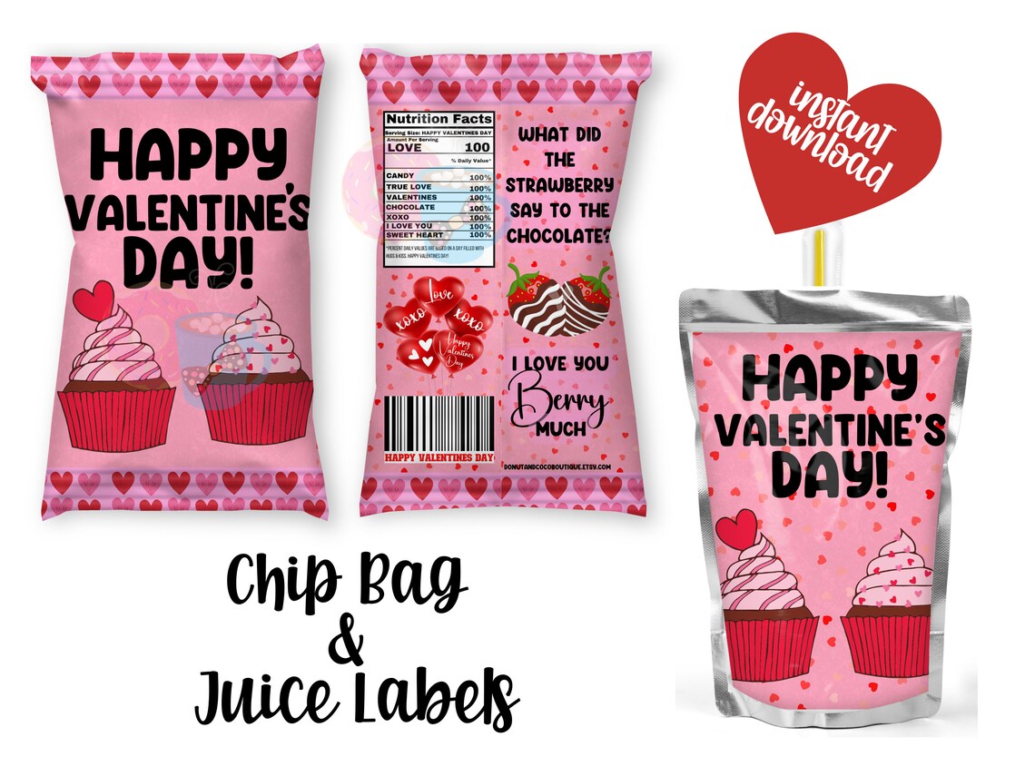Happy Valentine's Day Chip Bag Wrapper| Valentines Day Juice Labels ...