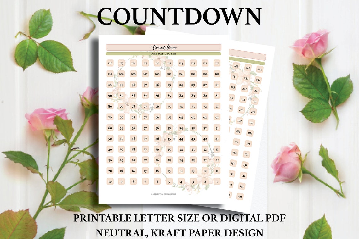 COUNTDOWN, Printable or Digital PDF, 2 Pages, Letter Size, Watercolor ...