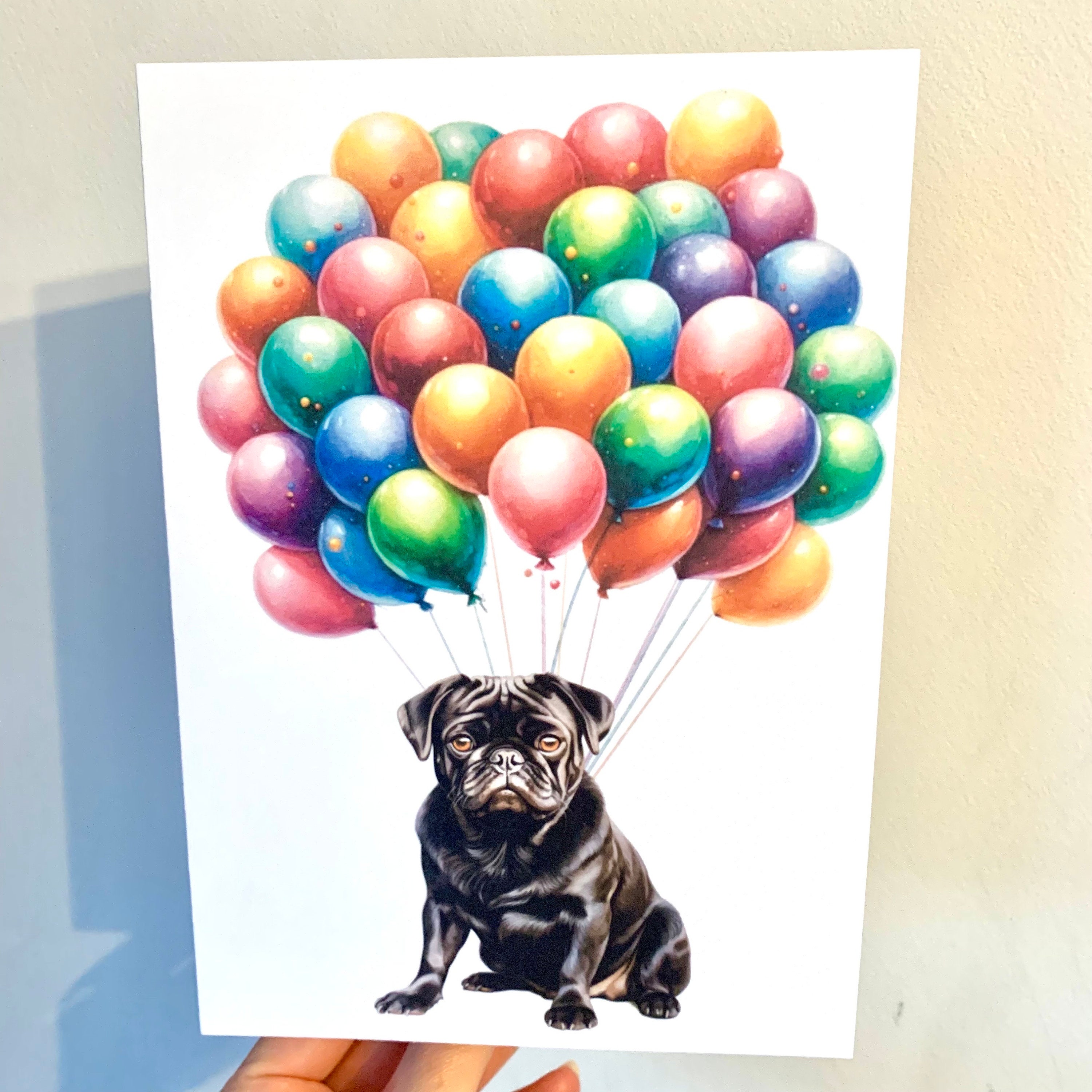 Black Pug Birthday Card, Card From the Dog, Dog With Balloons, Happy ...