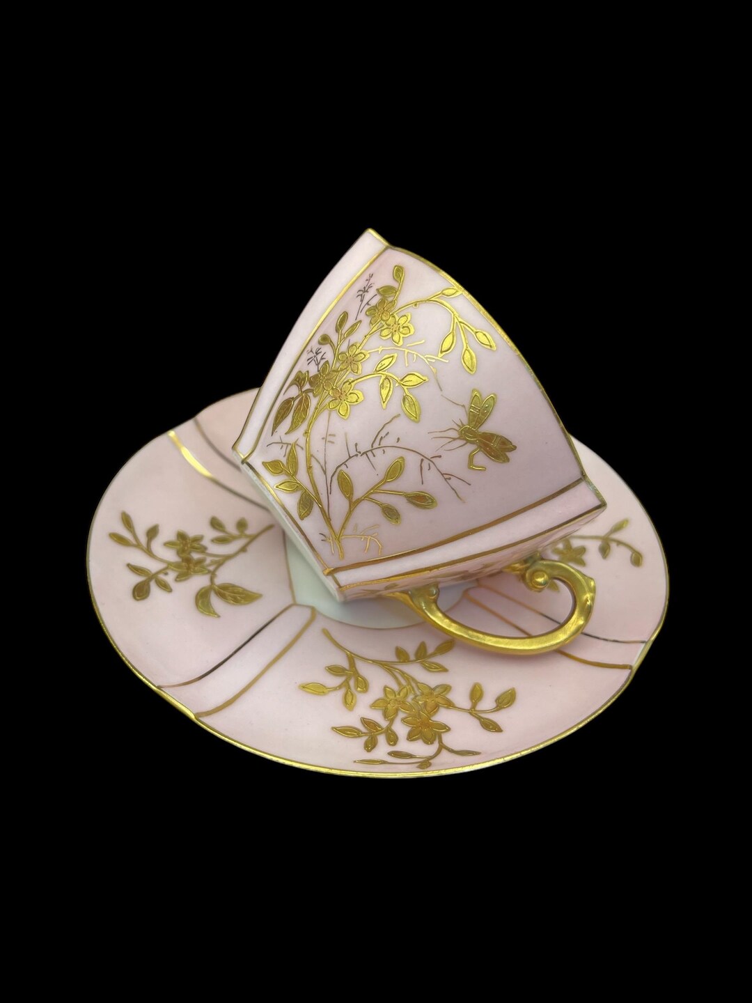 Antique (unmarked) Limoges Pink Porcelain Cup & Saucer – Hexagonal Form ...