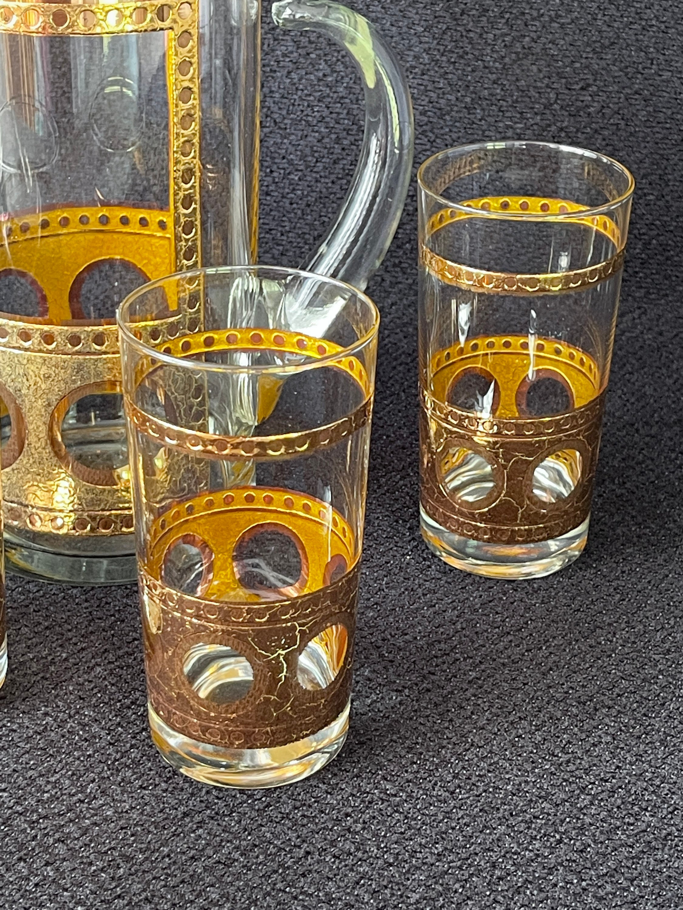 Mid Century 22K Gold Culver Antigua Pitcher & High Ball Glasses Set - Etsy