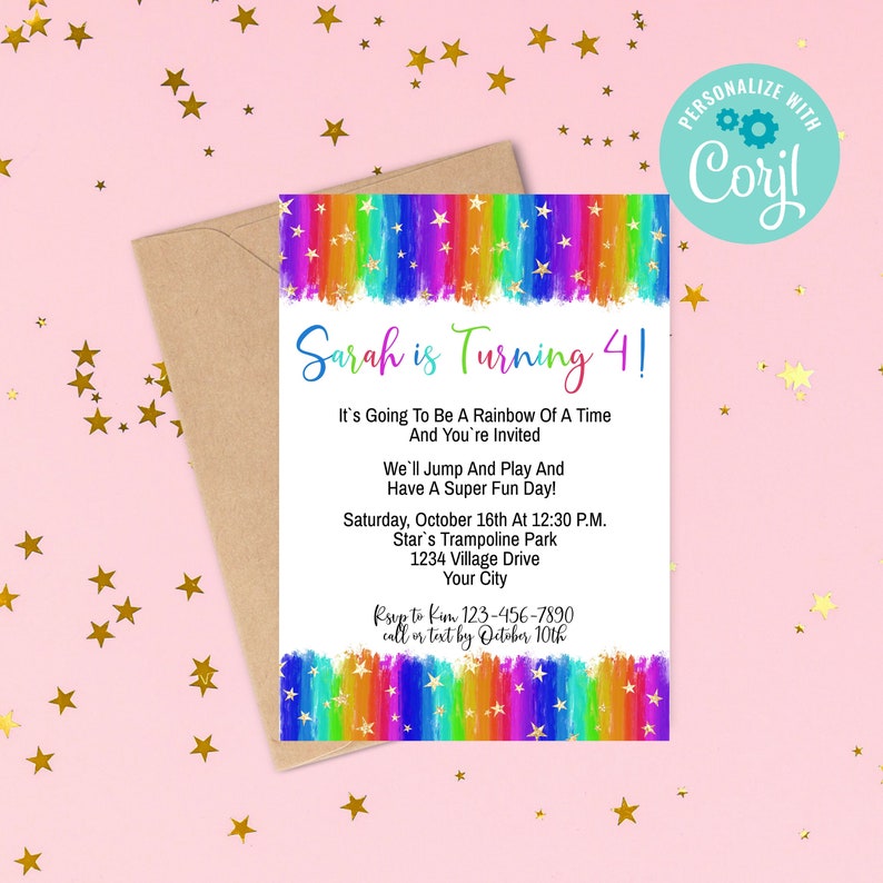 Editable Girls Rainbow Smudge Birthday Invitation, 5x7 Girls Rainbow ...