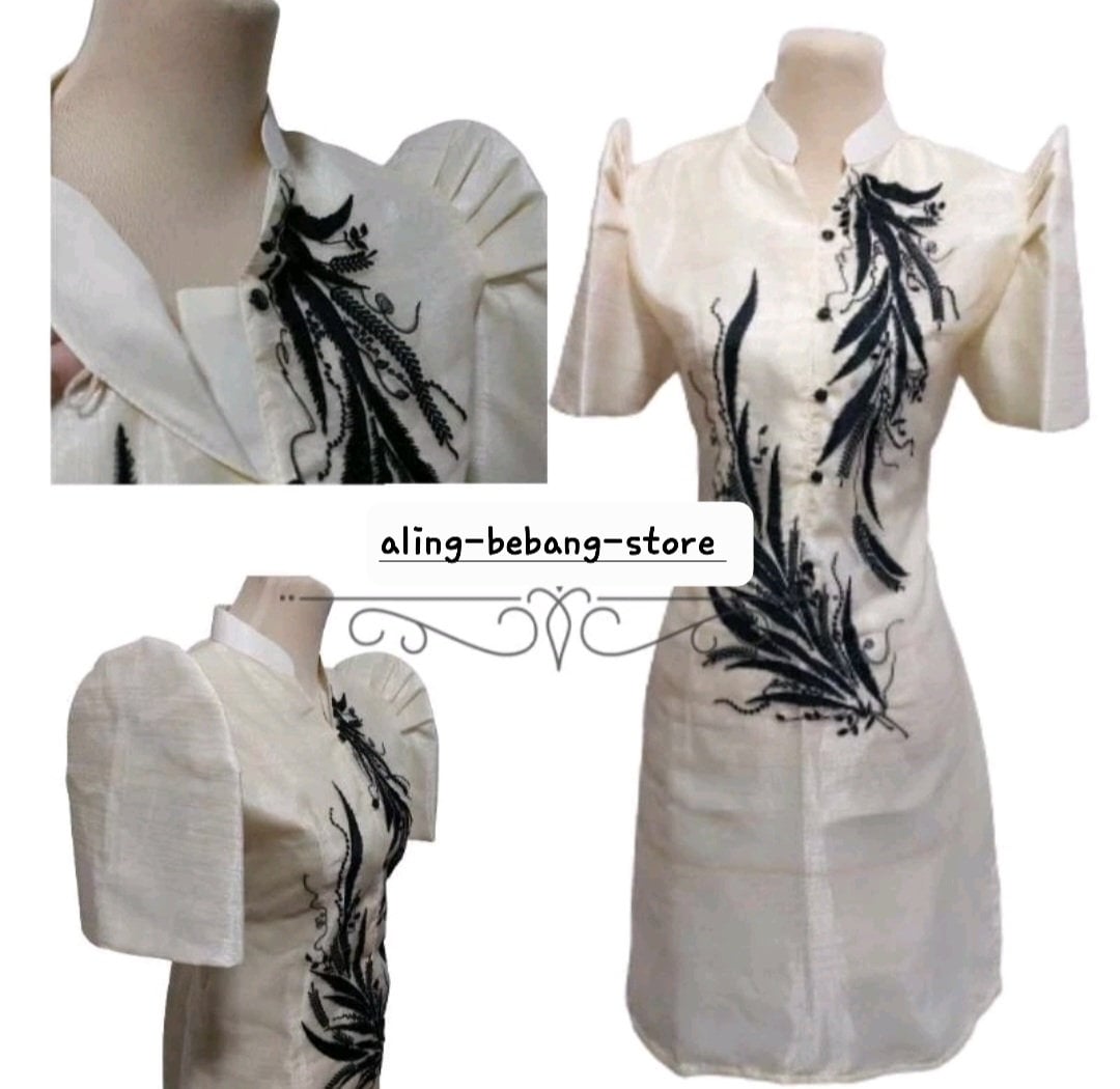 Filipiniana Dress Lady Barong vneck Beige or Black Embroidery, You ...