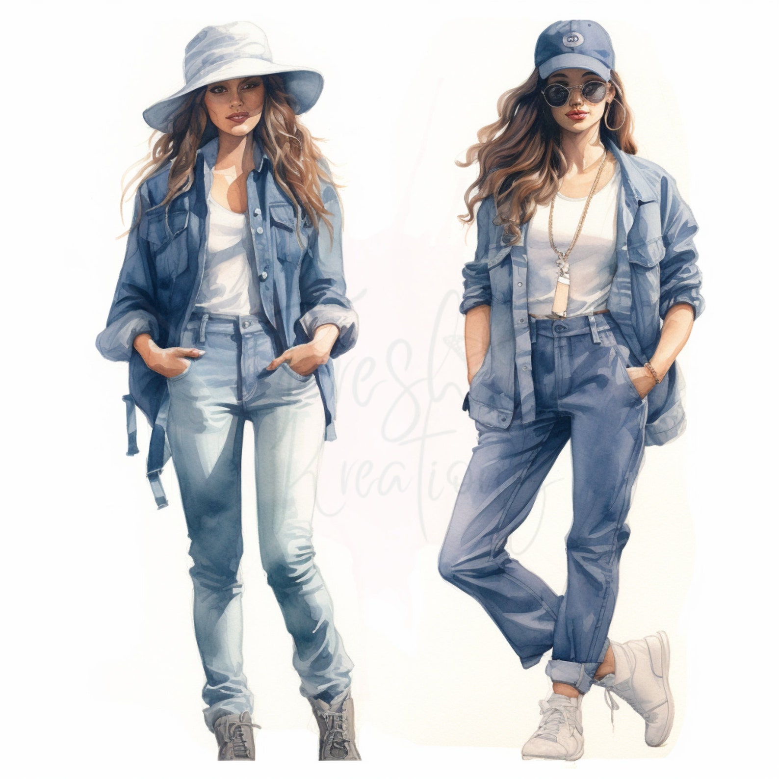 Denim Girl Clipart - Watercolor Denim Fashion Girl Clipart, Denim Women ...