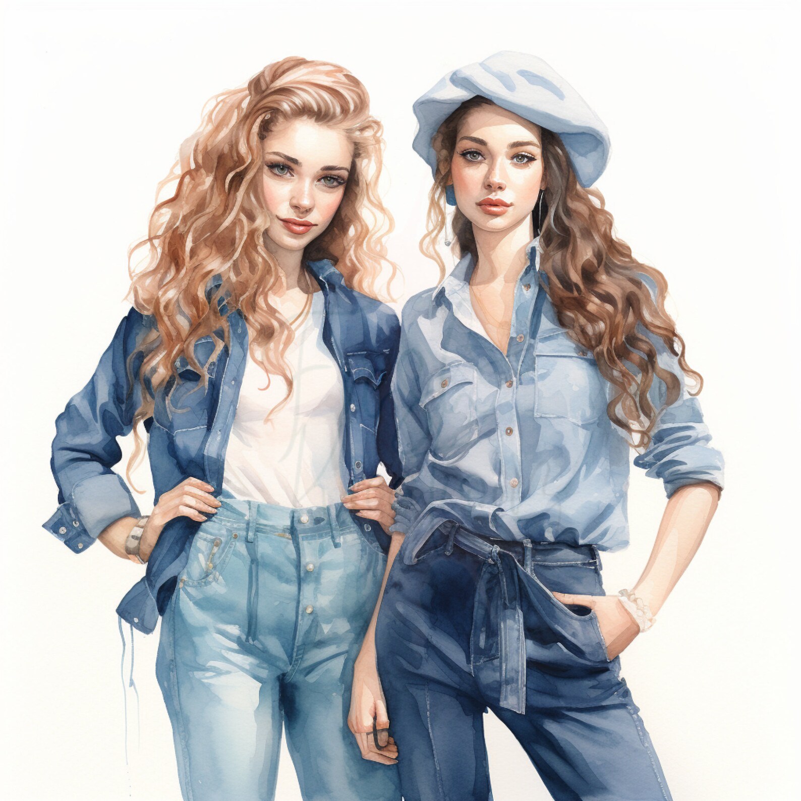 Denim Girl Clipart - Watercolor Denim Fashion Girl Clipart, Denim Women ...