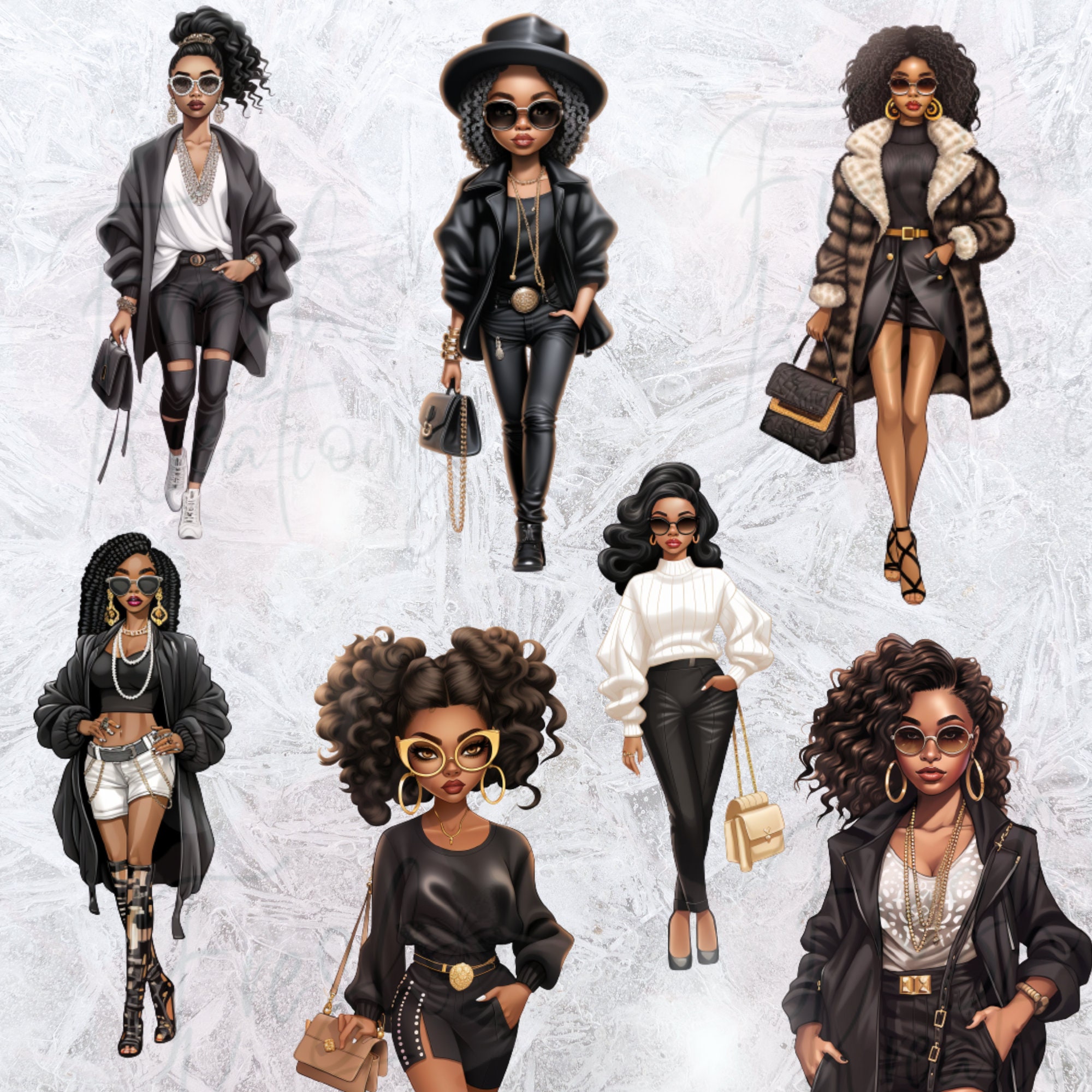 Diva Black Girl Clip Art Bundle | Curly Hair Watercolor PNG (instant ...