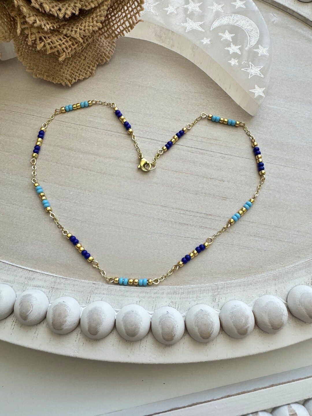 Blue Beaded Boho Necklace , Gold Beaded Choker , Turquoise Color Beads ...