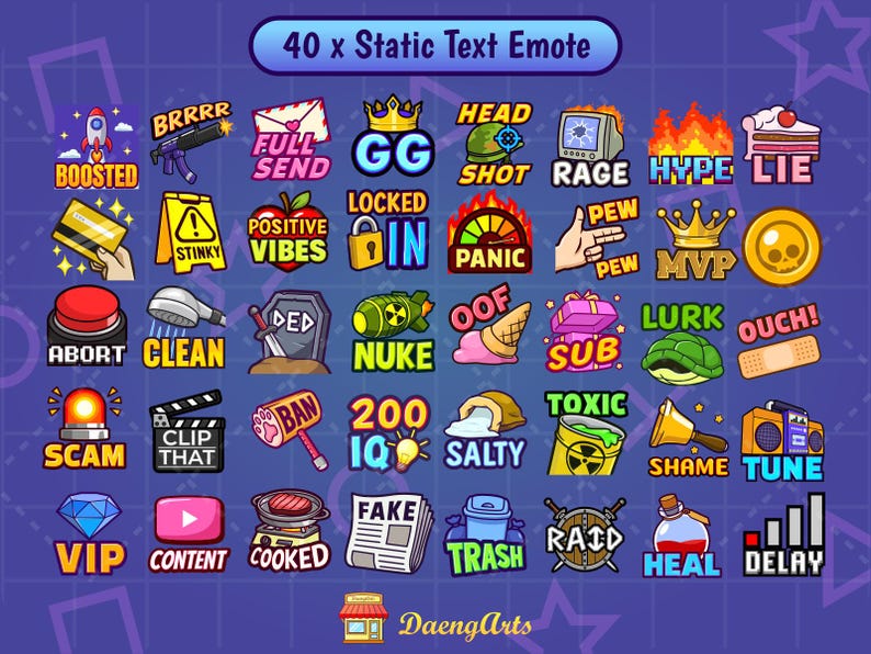 40x Static Text Emotes for Twitch, Discord, Kick in PNG & SVG (digital ...