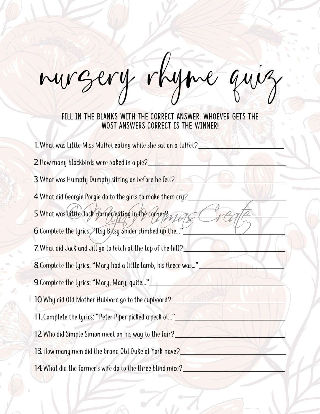Baby Shower Games, Nursery Rhyme Quiz, Floral Theme - Etsy
