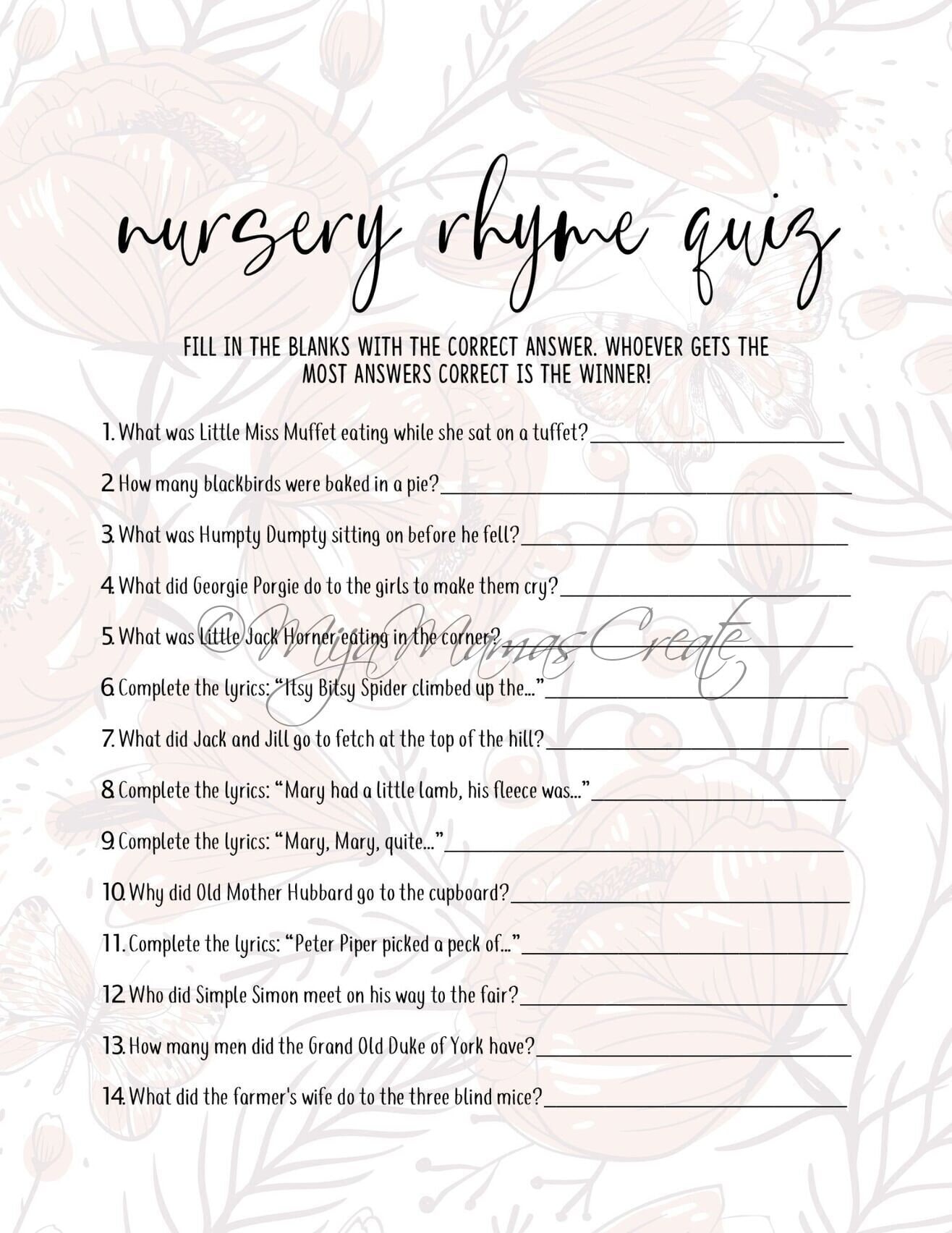 Baby Shower Games, Nursery Rhyme Quiz, Floral Theme - Etsy