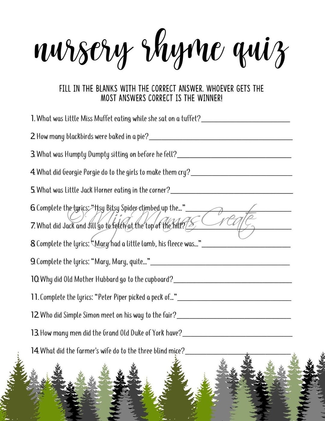 Baby Shower Games, Nursery Rhyme Quiz, Tree Theme - Etsy
