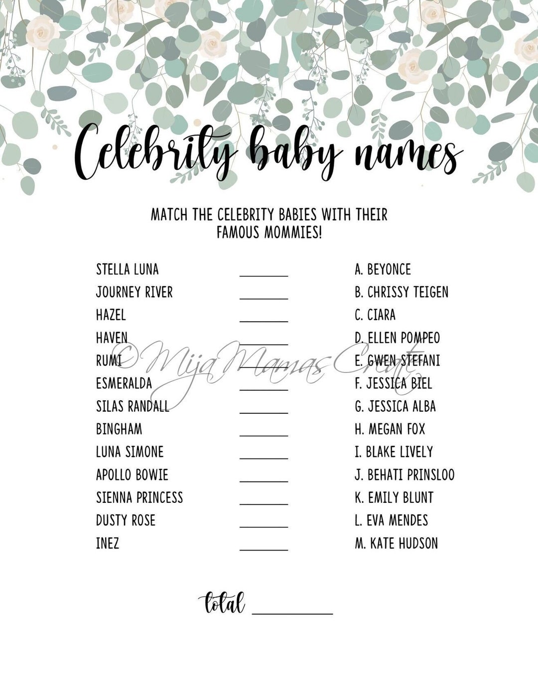 Baby Shower Games, Celebrity Baby Names, Eucalyptus Theme - Etsy