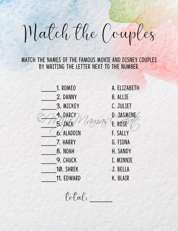 Bridal Shower Games Match the Couples Watercolor Theme | Etsy