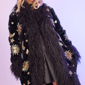 Sequin Velvet Sun Moon Black Fleece Lined Jacket Coat Festival Sequin ...