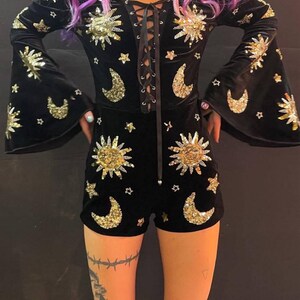 Sun Moon Velvet Sequin Playsuit | Flared Boho Bodysuit Celestial ...