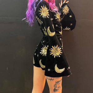 Sun Moon Velvet Sequin Playsuit | Flared Boho Bodysuit Celestial ...