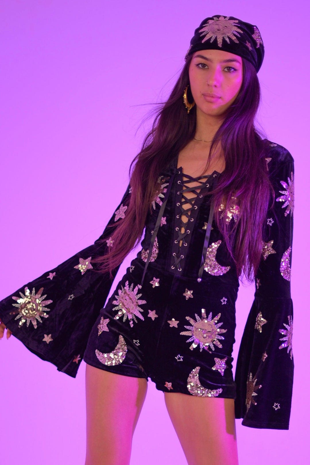 Sun Moon Velvet Sequin Playsuit | Flared Boho Bodysuit Celestial ...