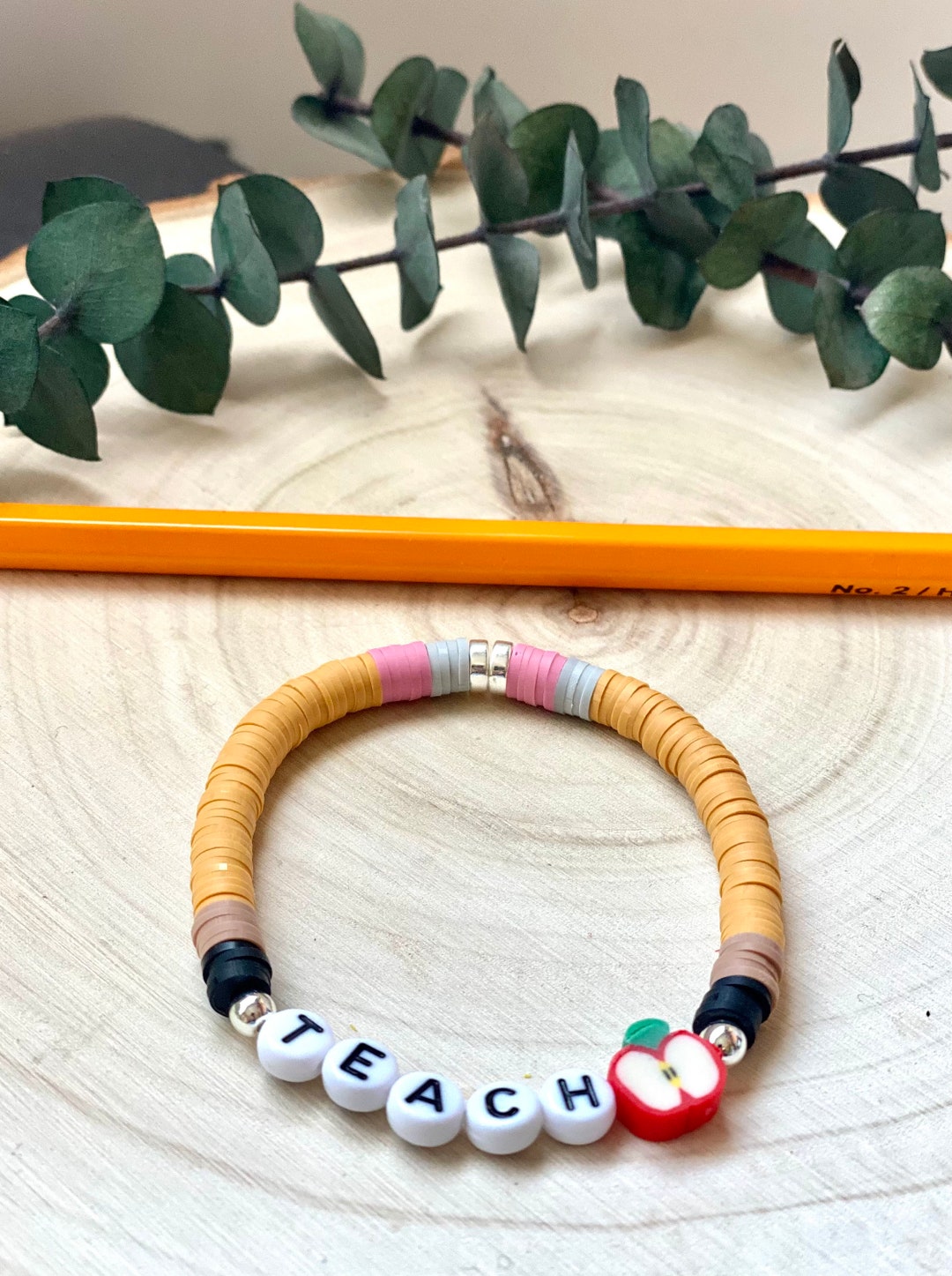 Personalized Teacher Bracelet, Pencil Bracelet, Stackable Bracelet, Teacher Heishi Bracelet ...