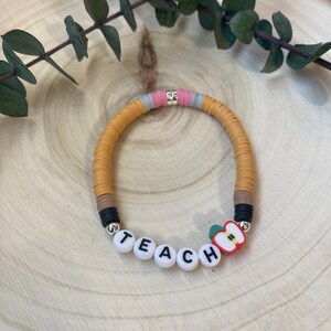 Personalized Teacher Bracelet, Pencil Bracelet, Stackable Bracelet, Teacher Heishi Bracelet ...