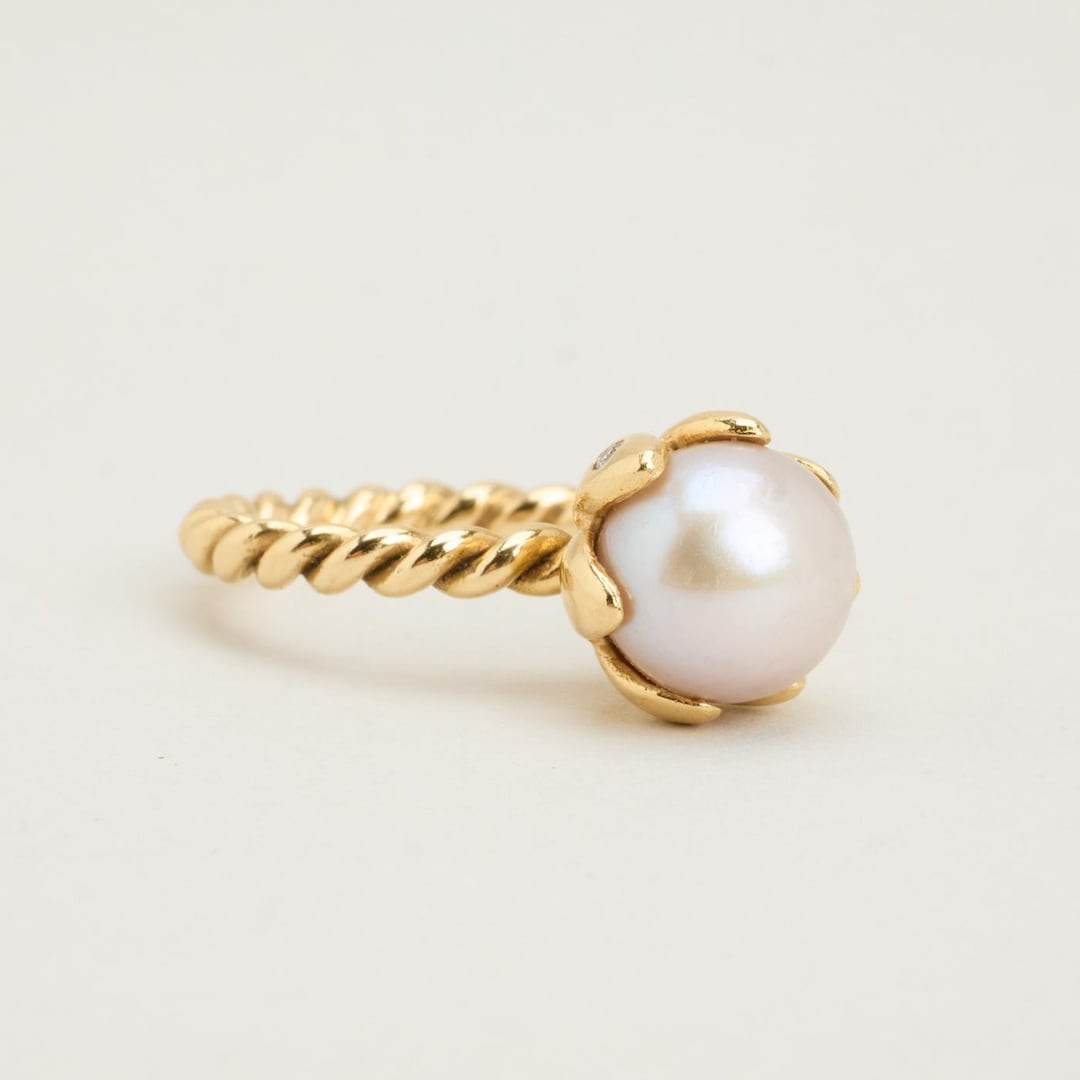 Pandora 14K Gold Ring, Elegant Pearl and Dainty 0.01 CT Diamond, Size 6 ...
