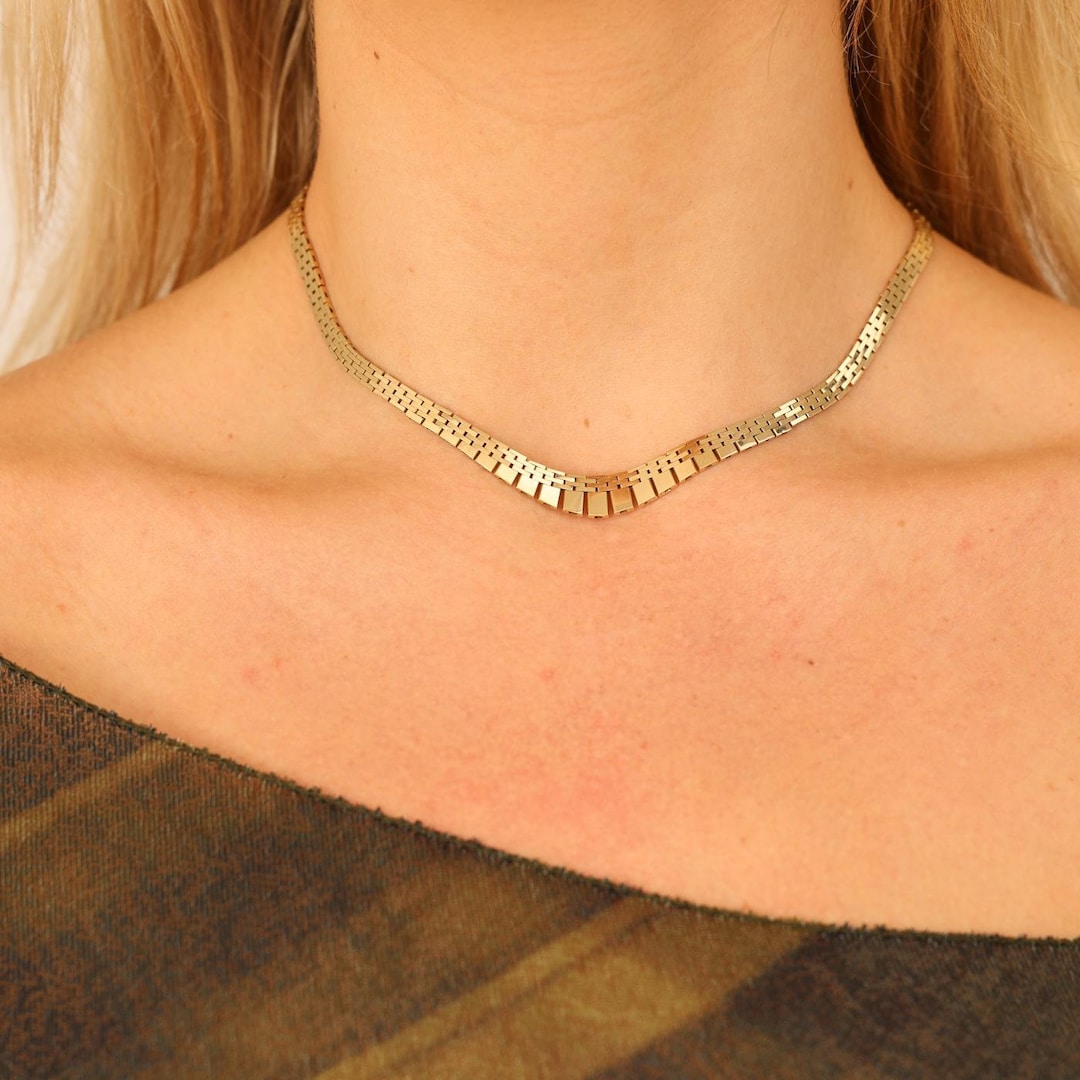 Brick Necklace in 14K Gold, 15.75 Inches Real Genuine Gold Fine Jewelry ...