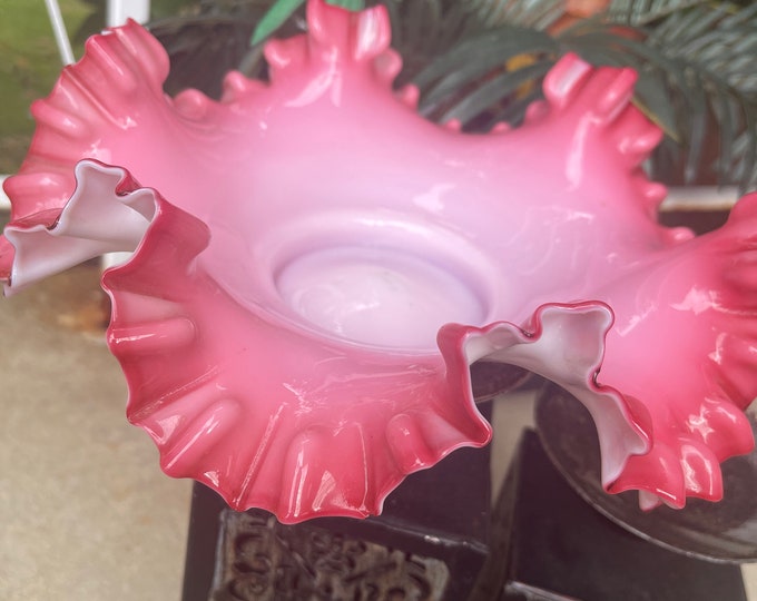 Vintage Milk Glass Pink Ruffled Edge Brides Basketdishbowl Etsy