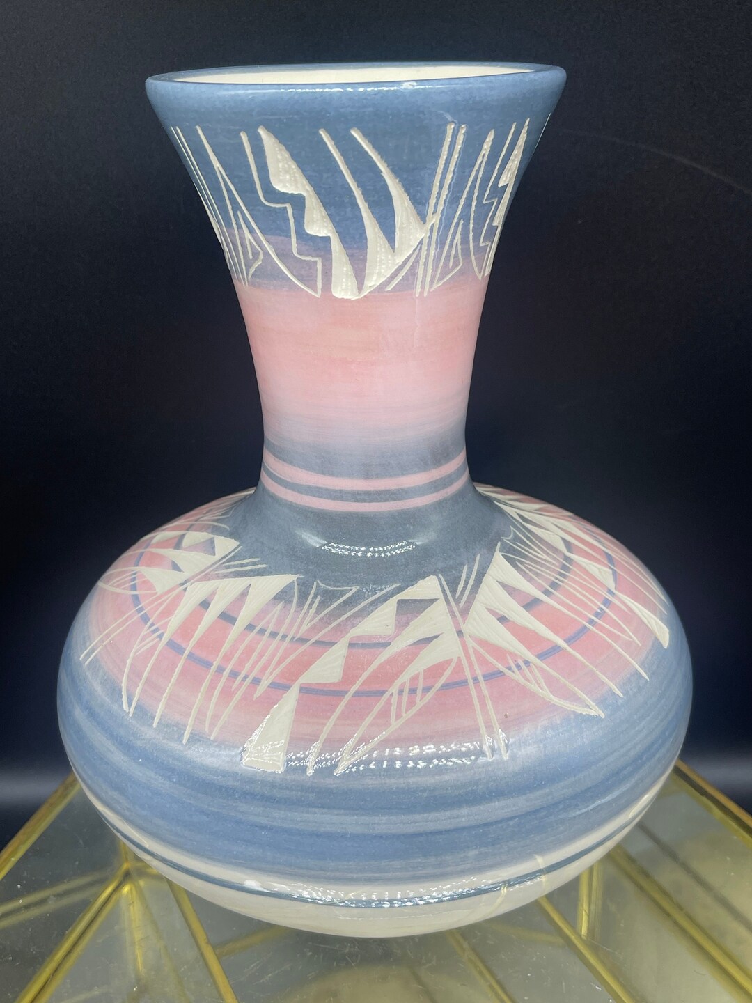Vintage, Padilla, Glazed Navajo Pottery Vase, Pink, Blue and White ...