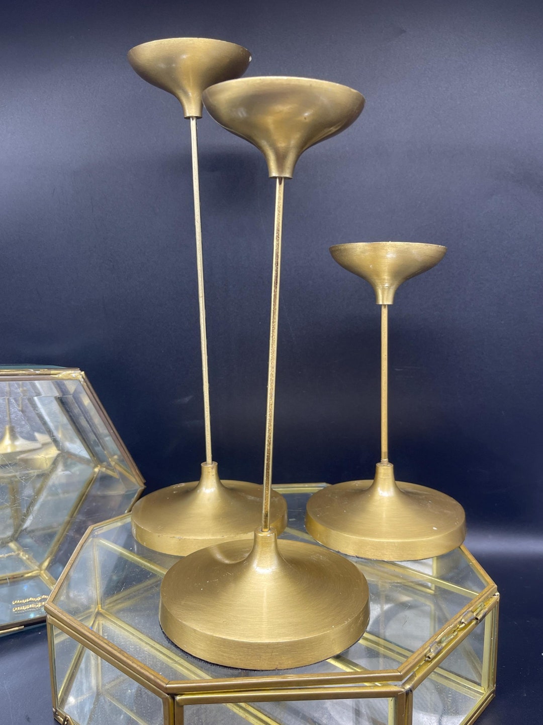 Vintage, MCM, Brass, Set of Three, Staggered Sized, Pillar Candle ...