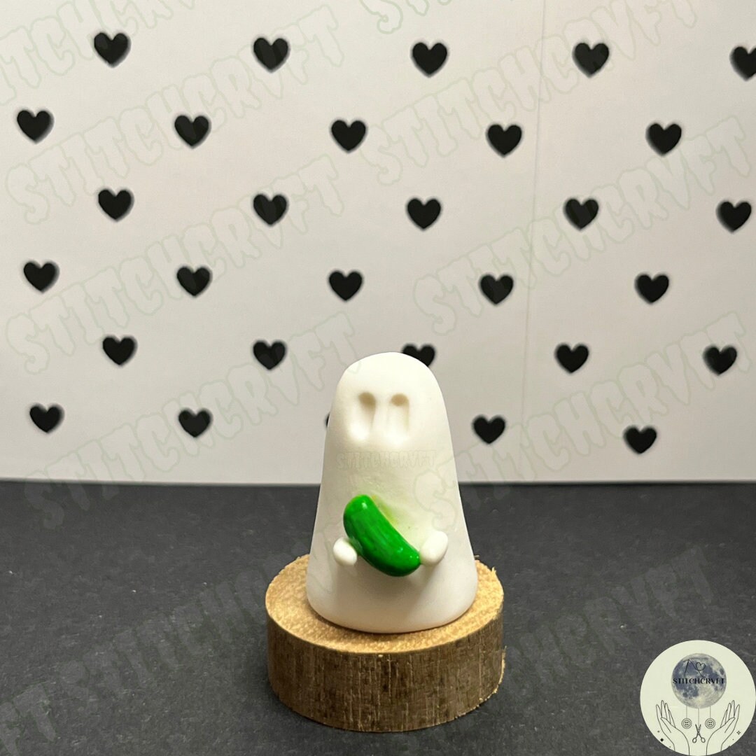 ADOPT A GHOST | Polymer Ghost Holding Tiny Pickle | Handmade to Order ...