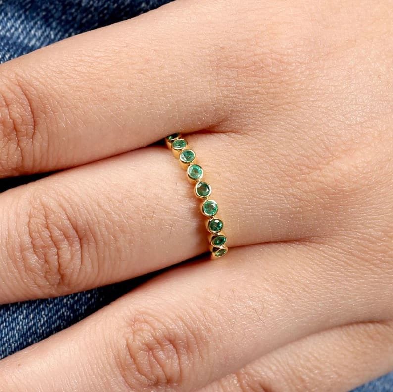 14k Solid Gold Filled Silver 9 Stone Ring Rund Cut Emerald and Sapphire ...