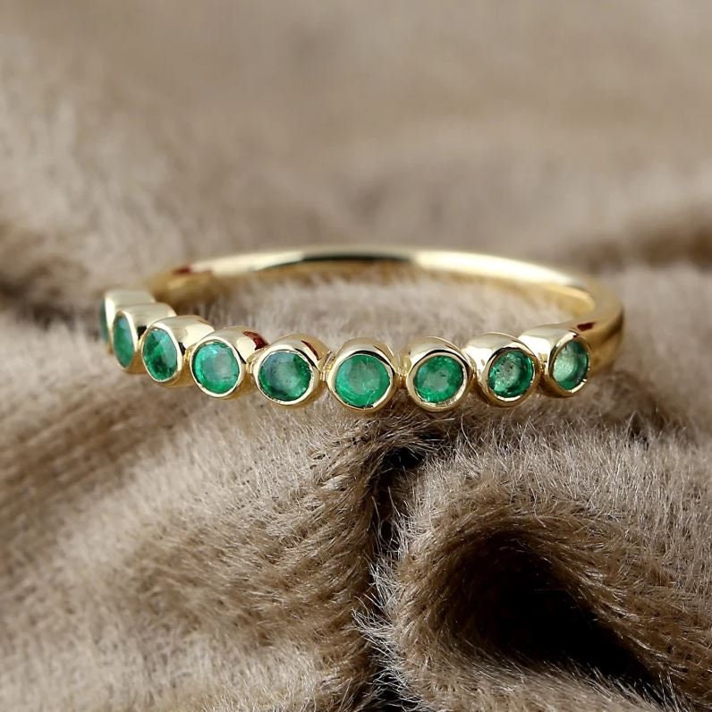 14k Solid Gold Filled Silver 9 Stone Ring Rund Cut Emerald and Sapphire ...