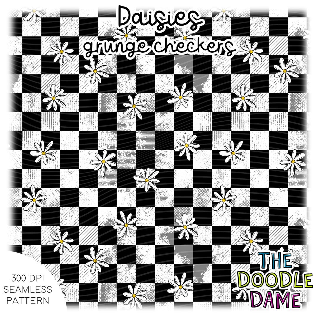 Seamless Digital Pattern of Daisies on Black and White Grunge Checkered ...