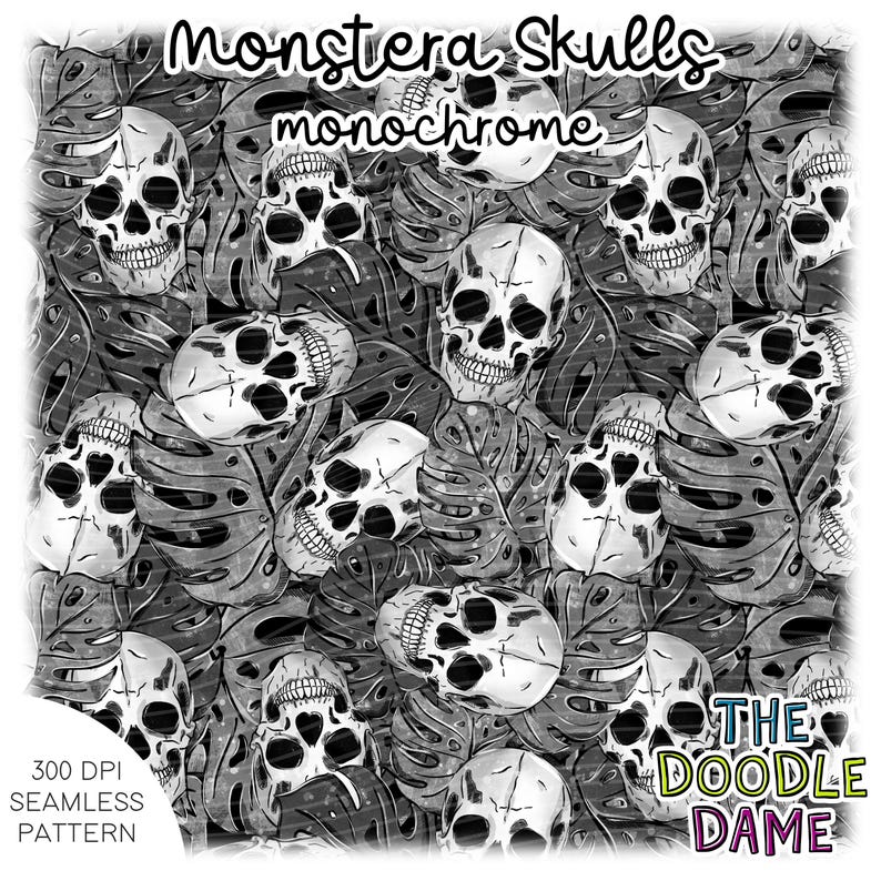 Seamless Digital Surface Pattern Monstera Skulls Main in Monochrome ...