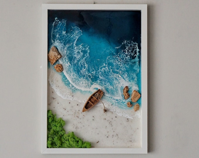 Rectangle Framed Coastal Resin Art, Seaside Epoxy Resin Wall Decor ...