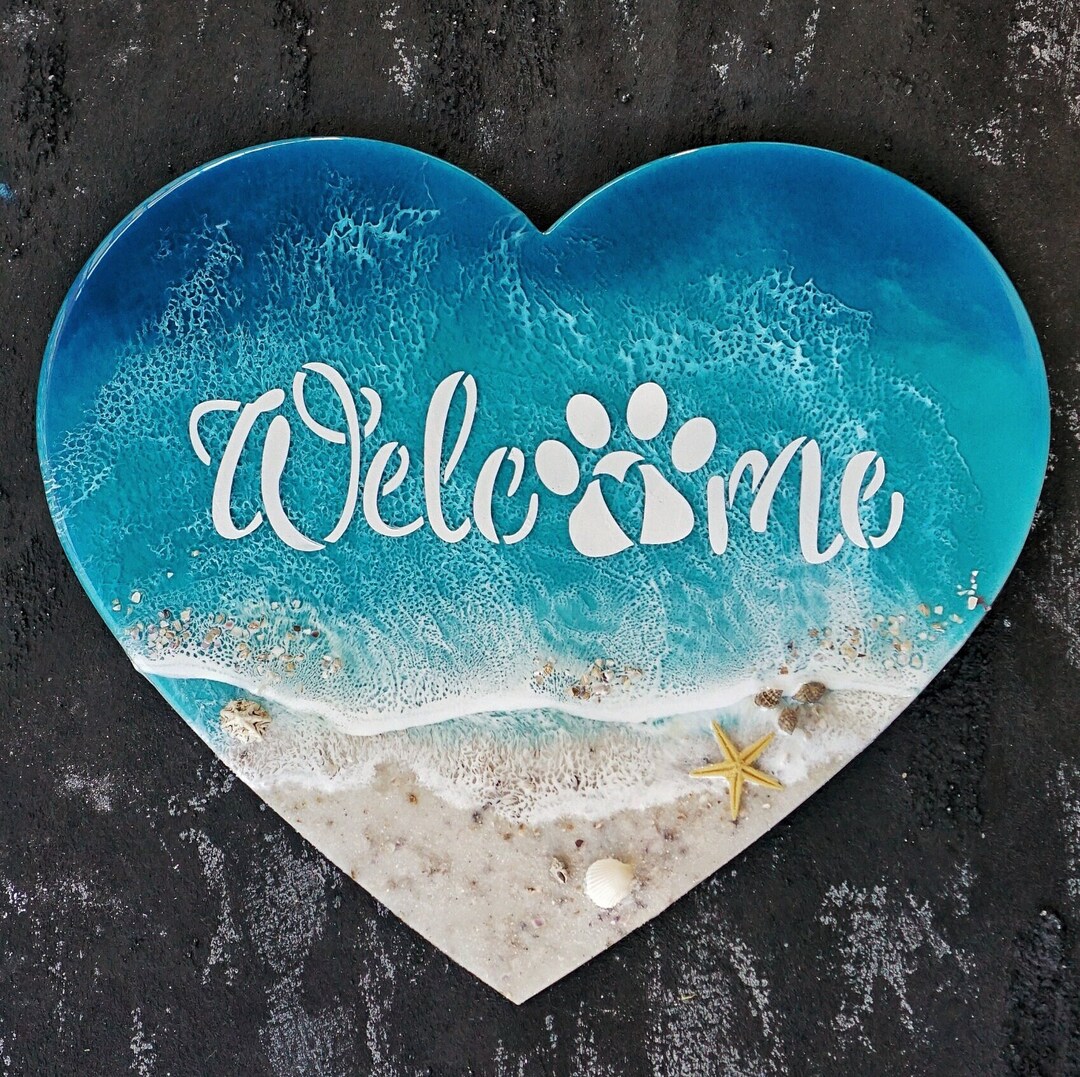 15.8 Heart Shape Welcome Sign Ocean Resin Art for Pet Lovers, Coastal ...