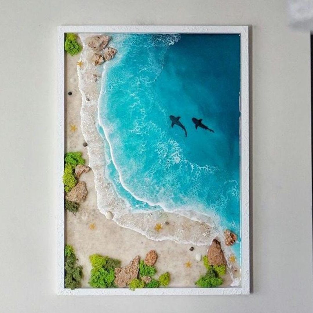 Large Ocean Themed Couple Shark Painting Resin Wall Art, Beach Scenery ...