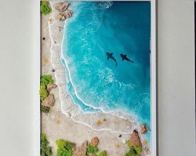 Large Ocean Themed Couple Shark Painting Resin Wall Art, Beach Scenery ...