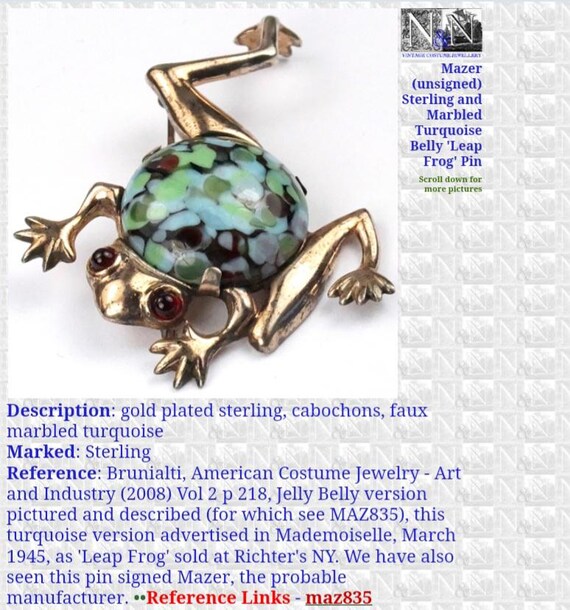 1940s Turquoise Belly Sterling frog with red cabochon… - Gem