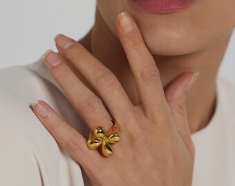 18k Gold Plated Chunky Flower Ring Gold Flower Chunky Ring Non Tarnish ...
