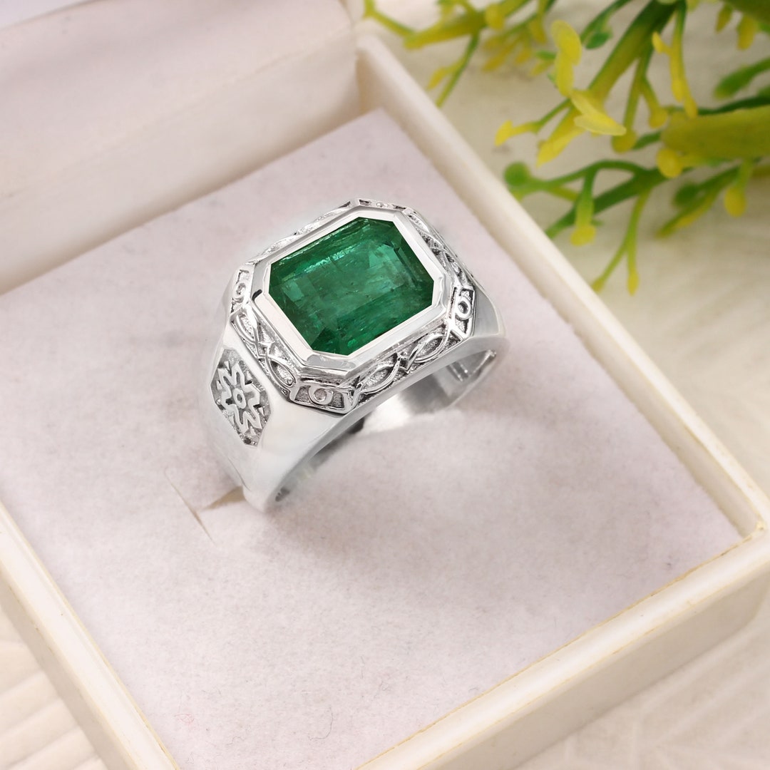 Men's Emerald Ring 10x12mm Radiant Cut Created Emerald Ring for Men 925 ...